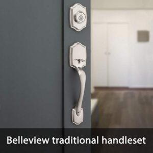 Kwikset 96870-099 Belleview Single Cylinder Front Door Handleset With Polo Door Knob featuring SmartKey Security in Satin Nickel