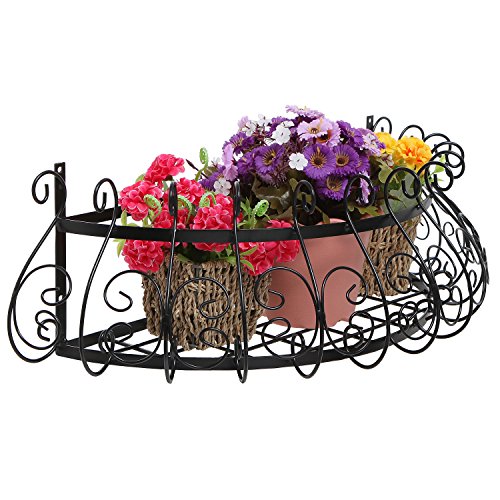 MyGift Wall-Mounted Black Metal Indoor Plant Box Basket with Scrollwork Design, Flower and Planter Pot Display Rack