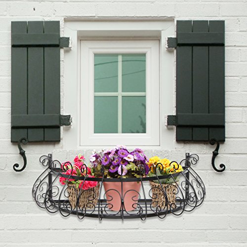 MyGift Wall-Mounted Black Metal Indoor Plant Box Basket with Scrollwork Design, Flower and Planter Pot Display Rack