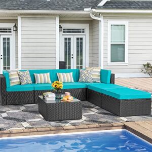 JAMFLY 7 Pieces Patio Outdoor Sectional Sofa Furniture Sets, All-Weather Black Wicker Rattan Conversation Sets with Tea Table & Ottoman & Washable Couch Cushions, Blue