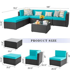 JAMFLY 7 Pieces Patio Outdoor Sectional Sofa Furniture Sets, All-Weather Black Wicker Rattan Conversation Sets with Tea Table & Ottoman & Washable Couch Cushions, Blue