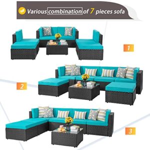 JAMFLY 7 Pieces Patio Outdoor Sectional Sofa Furniture Sets, All-Weather Black Wicker Rattan Conversation Sets with Tea Table & Ottoman & Washable Couch Cushions, Blue