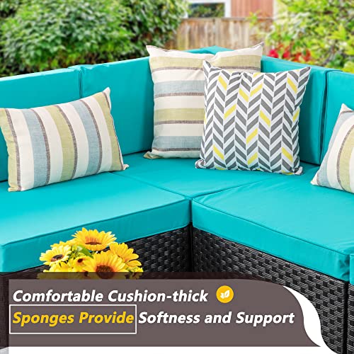 JAMFLY 7 Pieces Patio Outdoor Sectional Sofa Furniture Sets, All-Weather Black Wicker Rattan Conversation Sets with Tea Table & Ottoman & Washable Couch Cushions, Blue