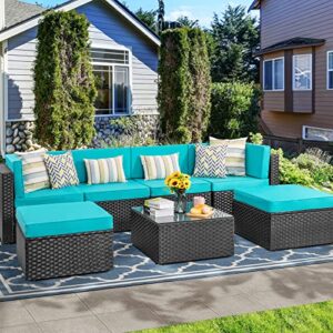 JAMFLY 7 Pieces Patio Outdoor Sectional Sofa Furniture Sets, All-Weather Black Wicker Rattan Conversation Sets with Tea Table & Ottoman & Washable Couch Cushions, Blue