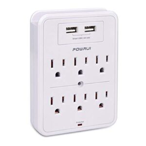 powrui surge protector, usb wall charger with 2 usb charging ports(smart 2.4a total), 6-outlet extender and top phone holder for your cell phone, white, etl listed