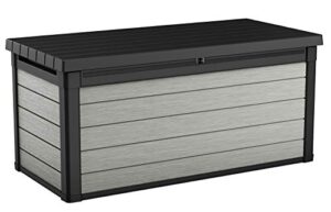 keter denali 150 gallon resin large deck box-organization and storage for patio furniture, outdoor cushions, garden tools , pool toys, grey & black