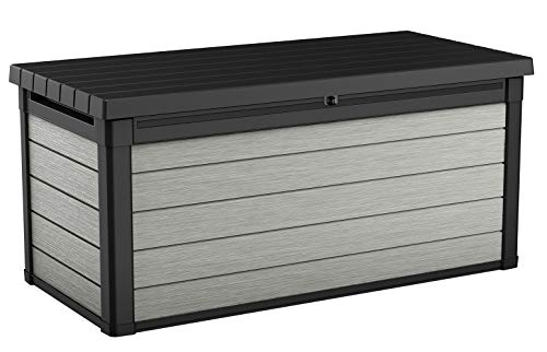 Keter Denali 150 Gallon Resin Large Deck Box-Organization and Storage for Patio Furniture, Outdoor Cushions, Garden Tools , Pool Toys, Grey & Black