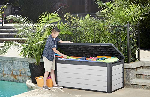 Keter Denali 150 Gallon Resin Large Deck Box-Organization and Storage for Patio Furniture, Outdoor Cushions, Garden Tools , Pool Toys, Grey & Black