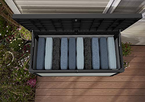 Keter Denali 150 Gallon Resin Large Deck Box-Organization and Storage for Patio Furniture, Outdoor Cushions, Garden Tools , Pool Toys, Grey & Black