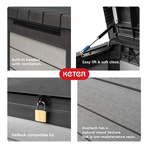 Keter Denali 150 Gallon Resin Large Deck Box-Organization and Storage for Patio Furniture, Outdoor Cushions, Garden Tools , Pool Toys, Grey & Black