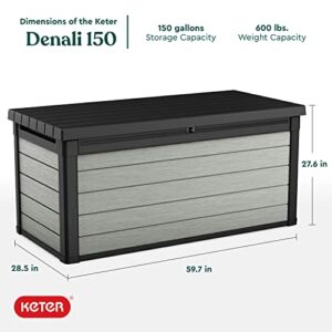 Keter Denali 150 Gallon Resin Large Deck Box-Organization and Storage for Patio Furniture, Outdoor Cushions, Garden Tools , Pool Toys, Grey & Black