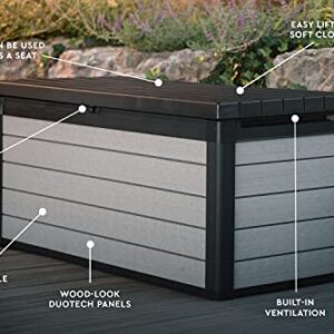 Keter Denali 150 Gallon Resin Large Deck Box-Organization and Storage for Patio Furniture, Outdoor Cushions, Garden Tools , Pool Toys, Grey & Black