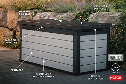 Keter Denali 150 Gallon Resin Large Deck Box-Organization and Storage for Patio Furniture, Outdoor Cushions, Garden Tools , Pool Toys, Grey & Black