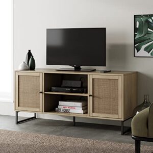 nathan james 74101 mina modern tv stand, entertainment cabinet, media console with a natural oak wood finish and matte black accents with storage doors for living room or media room, oak/black