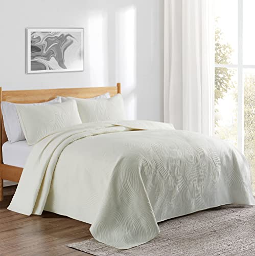 Peace nest 3 Piece Quilted Coverlet Set with Pillow Shams, All Season Bedspread Bed Cover King Size Lightweight, Ivory((106"X90")