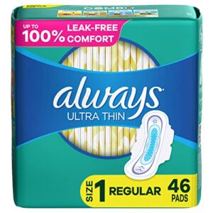 always ultra thin, feminine pads for women, size 1 regular absorbency, with wings, unscented, 46 count