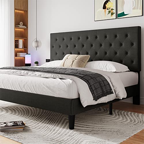 HOOMIC Queen Bed Frame with Adjustable Diamond Tufted Headboard / Fabric Upholstered Platform Bed Frame / Mattress Foundation / Wooden Slats / No Box Spring Needed / Easy Assembly, Dark Grey