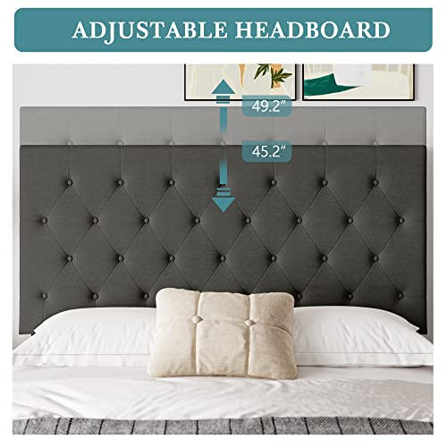 HOOMIC Queen Bed Frame with Adjustable Diamond Tufted Headboard / Fabric Upholstered Platform Bed Frame / Mattress Foundation / Wooden Slats / No Box Spring Needed / Easy Assembly, Dark Grey