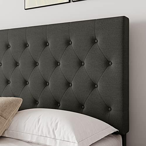 HOOMIC Queen Bed Frame with Adjustable Diamond Tufted Headboard / Fabric Upholstered Platform Bed Frame / Mattress Foundation / Wooden Slats / No Box Spring Needed / Easy Assembly, Dark Grey