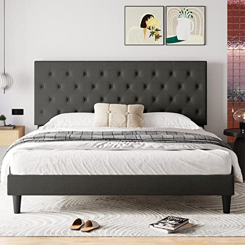 HOOMIC Queen Bed Frame with Adjustable Diamond Tufted Headboard / Fabric Upholstered Platform Bed Frame / Mattress Foundation / Wooden Slats / No Box Spring Needed / Easy Assembly, Dark Grey