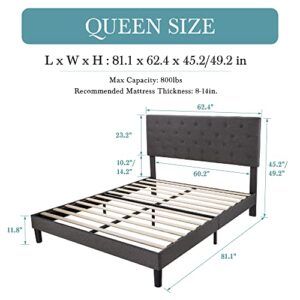 HOOMIC Queen Bed Frame with Adjustable Diamond Tufted Headboard / Fabric Upholstered Platform Bed Frame / Mattress Foundation / Wooden Slats / No Box Spring Needed / Easy Assembly, Dark Grey