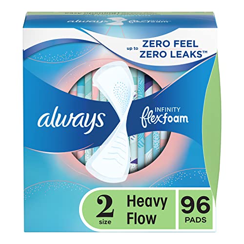 Always Infinity Flexfoam Feminine Pads for Women, Size 2, Heavy, without wings, Unscented, 32ct X 3 Packs (96 Count Total)