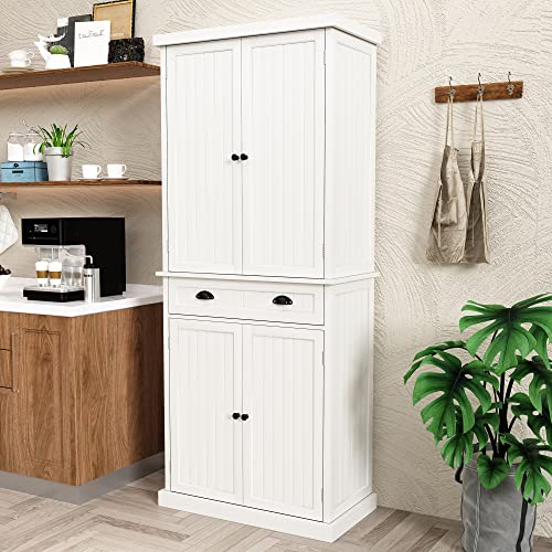 HLR Freestanding Kitchen Pantry Storage Cabinet with Adjustable Shelves, Black Pantry Cabinet for Kitchen, Living Room and Dining Room,White