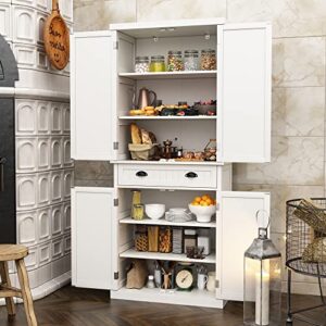 HLR Freestanding Kitchen Pantry Storage Cabinet with Adjustable Shelves, Black Pantry Cabinet for Kitchen, Living Room and Dining Room,White