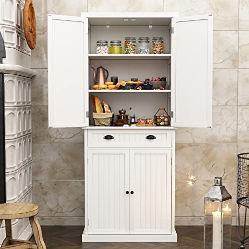 HLR Freestanding Kitchen Pantry Storage Cabinet with Adjustable Shelves, Black Pantry Cabinet for Kitchen, Living Room and Dining Room,White