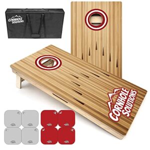 cornhole solutions tournament grade cornhole set – includes two 4’x2′ regulation baltic birch cornhole boards, 8 rec cornhole bags, and carrying case (bowling, red & grey)