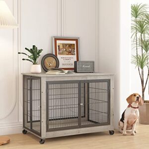 ichbingo dog crate furniture, wooden dog crate table, 38.5″ dog kennel with 3 doors, flip-up top opening and wheels, decorative pet crate dog house for large/medium/small dog indoor use (rustic grey)