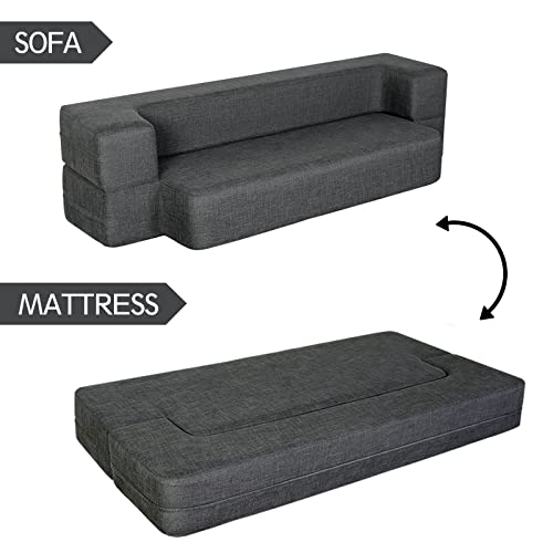 MAX WOTU 8 Inch Folding Bed Couch, Fold Out Couch Sofa Bed Memory Foam Futon Mattress Comfortable Sofa, Floor Couch Lounge for Compact Living Space Bedroom Guest, Queen Size, Dark Grey