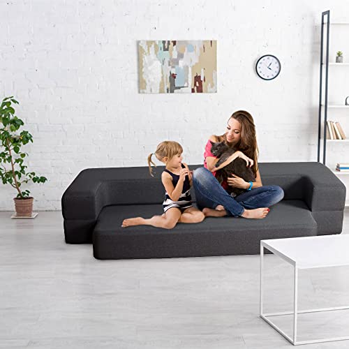 MAX WOTU 8 Inch Folding Bed Couch, Fold Out Couch Sofa Bed Memory Foam Futon Mattress Comfortable Sofa, Floor Couch Lounge for Compact Living Space Bedroom Guest, Queen Size, Dark Grey