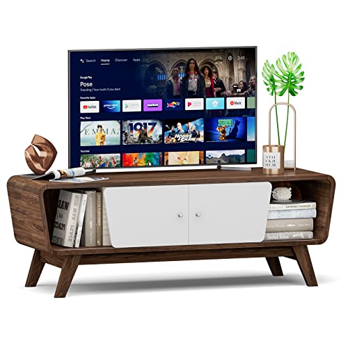 Tangkula Sliding Door TV Stand for TVs up to 55 Inch, Media Console Table with Adjustable Shelf & 2 Storage Cabinets, Modern Entertainment Center, Wooden TV Cabinet for Living Room (Walnut)