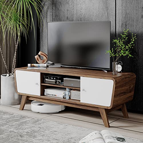 Tangkula Sliding Door TV Stand for TVs up to 55 Inch, Media Console Table with Adjustable Shelf & 2 Storage Cabinets, Modern Entertainment Center, Wooden TV Cabinet for Living Room (Walnut)