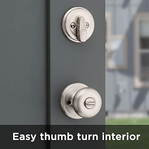 Kwikset Juno Keyed Entry Door Knob and Single Cylinder Deadbolt Combo Pack with Microban Antimicrobial Protection Featuring SmartKey Security in Satin Nickel