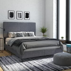 dhp janford upholstered platform bed with modern vertical stitching on rectangular headboard, queen, gray linen