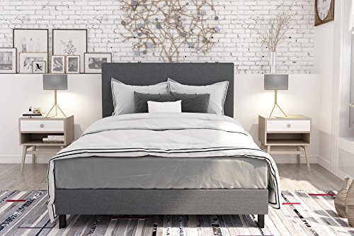 DHP Janford Upholstered Platform Bed with Modern Vertical Stitching on Rectangular Headboard, Queen, Gray Linen