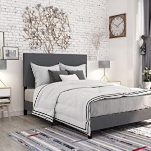 DHP Janford Upholstered Platform Bed with Modern Vertical Stitching on Rectangular Headboard, Queen, Gray Linen