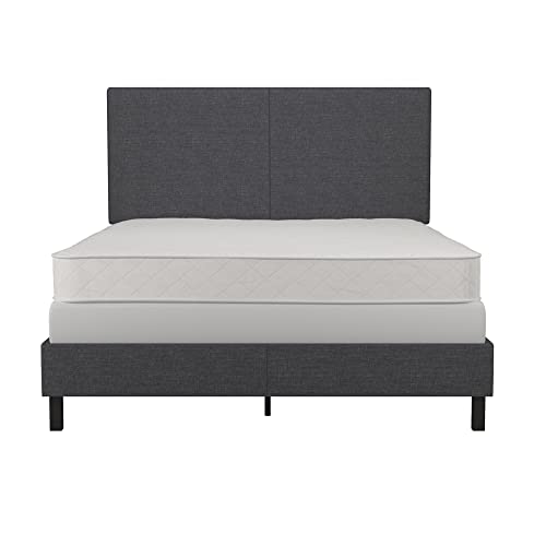 DHP Janford Upholstered Platform Bed with Modern Vertical Stitching on Rectangular Headboard, Queen, Gray Linen