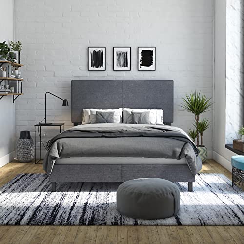 DHP Janford Upholstered Platform Bed with Modern Vertical Stitching on Rectangular Headboard, Queen, Gray Linen