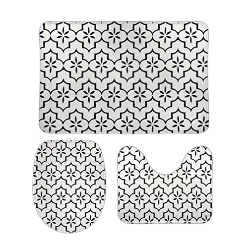 My Little Nest 3 Piece Bath Rugs Mat Set Geometry White and Black Trellis Soft Foam Bath Mat Non Slip Bathroom Rugs Washable Contour Mat and Lid Cover