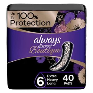 always discreet boutique, incontinence & postpartum pads for women, size 6, extra heavy absorbency, long length, 20 count x 2 pack (40 count total)