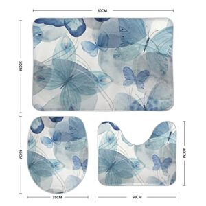 My Little Nest 3 Piece Bath Rugs Mat Set Abstract Vintage Blue Butterflies Soft Foam Bath Mat Non Slip Bathroom Rugs Washable Contour Mat and Lid Cover