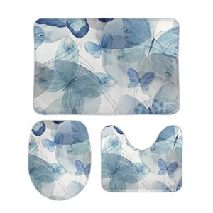 My Little Nest 3 Piece Bath Rugs Mat Set Abstract Vintage Blue Butterflies Soft Foam Bath Mat Non Slip Bathroom Rugs Washable Contour Mat and Lid Cover