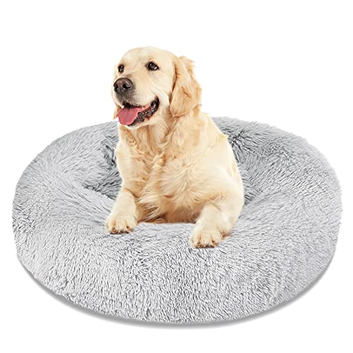 Calming Dog Bed Cat Bed, Washable Round Dog Bed - 23/30/36 inches Anti-Slip Faux Fur Donut Cuddler Cat Bed for Small Medium Large Dogs - Fits up to 25/45/100 lbs - Waterproof Bottom