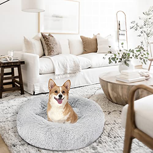 Calming Dog Bed Cat Bed, Washable Round Dog Bed - 23/30/36 inches Anti-Slip Faux Fur Donut Cuddler Cat Bed for Small Medium Large Dogs - Fits up to 25/45/100 lbs - Waterproof Bottom