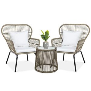 best choice products 3-piece patio conversation bistro set, outdoor all-weather wicker furniture for porch, backyard w/ 2 wide ergonomic chairs, cushions, glass top side table – tan