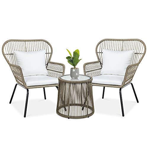 Best Choice Products 3-Piece Patio Conversation Bistro Set, Outdoor All-Weather Wicker Furniture for Porch, Backyard w/ 2 Wide Ergonomic Chairs, Cushions, Glass Top Side Table - Tan