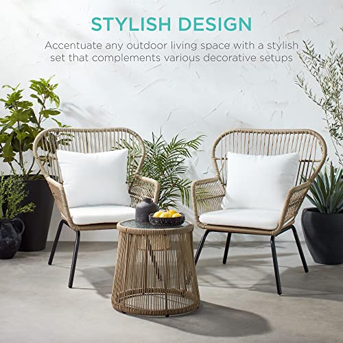 Best Choice Products 3-Piece Patio Conversation Bistro Set, Outdoor All-Weather Wicker Furniture for Porch, Backyard w/ 2 Wide Ergonomic Chairs, Cushions, Glass Top Side Table - Tan